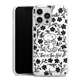 DeinDesign iPhone 13 Pro Handy Silikon H&uuml;lle Case wei&szlig; Handyh&uuml;lle Peanuts Flowers Snoopy Silikon Case