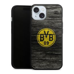 DeinDesign iPhone 15 Handy Premium Silikon H&uuml;lle Handyh&uuml;lle schwarz Case Wooden Look Bvb Borussia Dortmund Silikon Premium Case