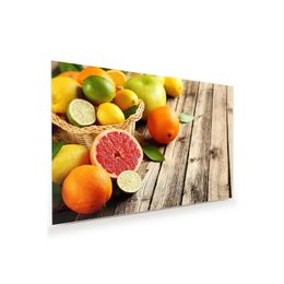 Primedeco Glasbild Wandbild Zitrusfrüchte auf Holztisch mit Aufhängung