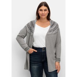 sheego Große Größen: Strickjacke im Norwegermuster, offene Longform, steingrau meliert, Gr.44