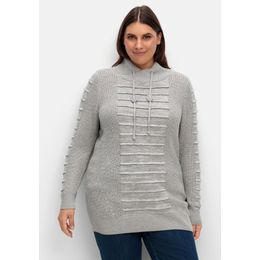 Große Größen: Longpullover mit Strukturmuster in Biesen-Optik, steingrau meliert, Gr.42