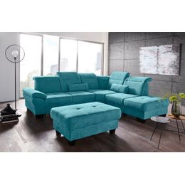 Places of Style Ecksofa Cornwall L-Form, incl. Sitztiefenverstellung, mit Bettfunktion und Kopfteilverstellung, blau