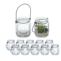 Windlicht, 12er Set, Glas, mit Henkel, innen & außen, Teelichthalter, h x d: 9 x 8,5 cm, transparent/schwarz - Relaxdays