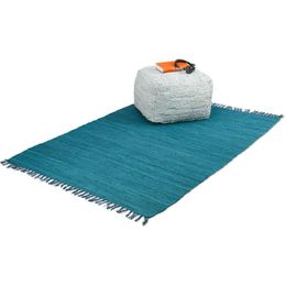 Flickenteppich Baumwolle, 120x180cm, Teppichläufer mit Fransen, rutschfest & handgewebt, Fleckerlteppich, blau - Relaxdays