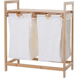 Wäschesammler HHG 731, Laundry Wäschesortierer Wäschekorb Wäschebehälter, Bambus 2 Fächer 74x64x33cm 70l weiß - white
