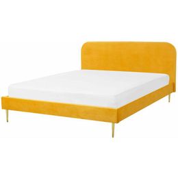 Beliani - Bett Gelb Samtstoff mit Lattenrost 140 x 200 cm Metallfüße Gold hohes Kopfteil Retro Glamourös Polsterbett Doppelbett Schlafzimmer