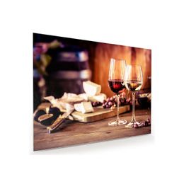 Primedeco Glasbild Wandbild Käseplatte und Wein mit Aufhängung