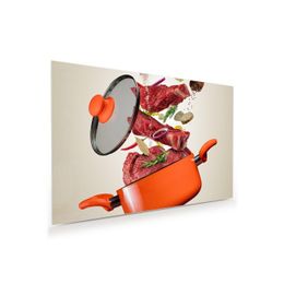 Primedeco Glasbild Wandbild Topf und Fleisch mit Aufhängung