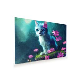 Primedeco Glasbild Wandbild Fantasie Katze Blumen mit Aufhängung