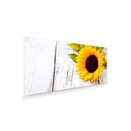 Primedeco Glasbild Wandbild Sonnenblume auf Holztisch mit Aufhängung