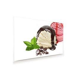 Primedeco Glasbild Wandbild Eis mit Erdbeer und Schokosauce mit Aufhängung