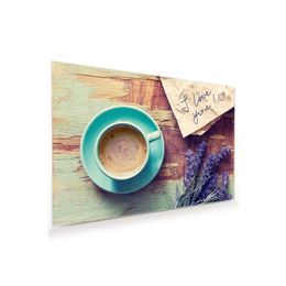 Primedeco Glasbild Wandbild Kaffeetasse und Lavendel mit Aufhängung