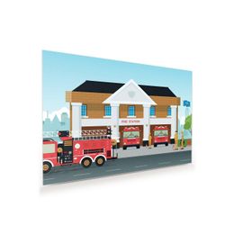 Primedeco Glasbild Wandbild Feuerwehrstation Szene mit Aufhängung