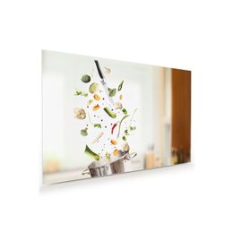 Primedeco Glasbild Wandbild Gemüse in Topf fallend mit Aufhängung