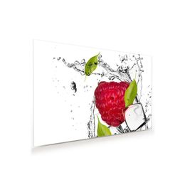 Primedeco Glasbild Wandbild Himbeere mit Eiswürfeln mit Aufhängung
