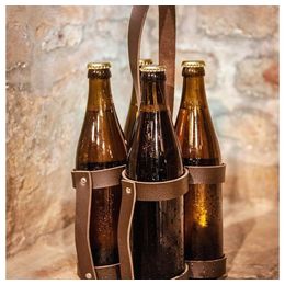 Mergel Bierflaschenhalter Leder für 4 Flaschen Handarbeit Farbe Braun