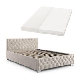 Juskys Polsterbett Nizza 180x200 cm &ndash; Matratze, Stauraum & LEDs - Samtbezug mit Steppung - Beige