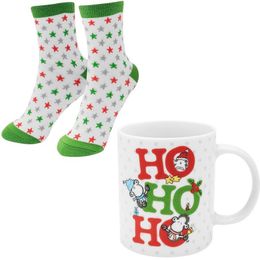 Sheepworld Tassen-Socken-Set bestehend aus einer Tasse mit Motivdruck: "HO HO HO" und einem Paar Socken in Größe 36-40