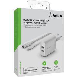 Belkin Dual USB-A Ladegerät incl. Lightning Kabel 1m Schnelllade-Gerät, weiß