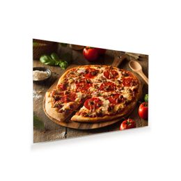 Primedeco Glasbild Wandbild Pizza auf Holzplatte mit Aufhängung