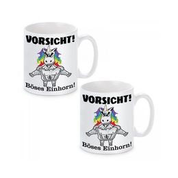 Herzbotschaft Tasse Kaffeebecher 2er Set mit Motiv Vorsicht Böses Einhorn!