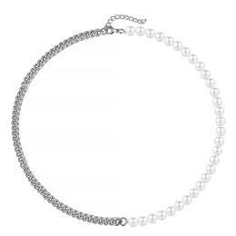 GLAMO Collier Herren Perlenkette Halbperle Halbkette Edelstahl Silber 45cm
