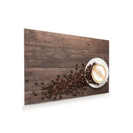 Primedeco Glasbild Wandbild Cappuccino und Bohnen mit Aufhängung