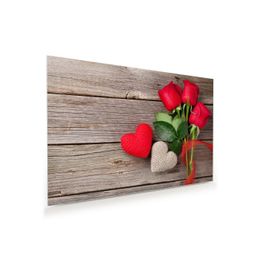 Primedeco Glasbild Wandbild Rosen auf Holztisch mit Aufhängung
