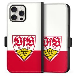 DeinDesign iPhone 15 Pro Max Handy Klapph&uuml;lle Handyh&uuml;lle aus Kunst Leder schwarz Flip Case Vfb Stuttgart Logo Official Licensed Product Sideflip mit Lasche