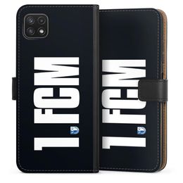 DeinDesign Galaxy A22 5G Handy Klapph&uuml;lle Handyh&uuml;lle aus Kunst Leder schwarz Flip Case Official Licensed Product 1. Fcm 1. Fc Magdeburg Sideflip mit langer 