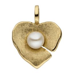 Jobo Perlenanhänger Anhänger Herz mit Perle, 585 Gold eismatt mt Süßwasser-Zuchtperle, gelb|goldfarben