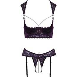 Cottelli Lingerie Hebe plus Straps-String ouvert aus Lila-Stretch-Spitze mit schwarzen Details