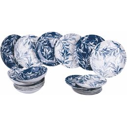 Villa d'Este Teller-Set Geschirr-Set Forest Leaf Blue (18-tlg), 6 Personen, Porzellan, Service, Tafelservice, 18 Teile, für 6 Personen, blau