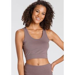 active by Lascana LASCANA ACTIVE Sporttop '-Basic-Crop-Top' taupe Gr. S (36/38) für Damen. Rundhals und Druck, Logodruck. Figurbetont. Nachhaltig.