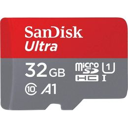 Sandisk microSDHC Ultra 32GB (A1/UHS-I) + Adapter Speicherkarte (32 GB, Class 10, 120 MB/s Lesegeschwindigkeit), grau|rot