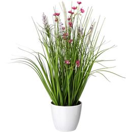Kunstgras Blüten-Gras-Mix, Creativ green, Höhe 46 cm, in weißer Kunststoffschale, rosa