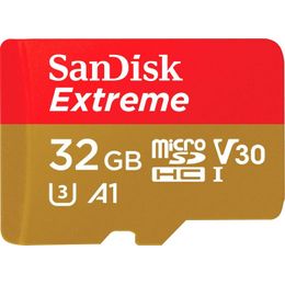 Sandisk Extreme microSDHC Speicherkarte (32 GB, UHS Class 3, 100 MB/s Lesegeschwindigkeit, SD-Adapter, Rescue Pro Deluxe), bunt|gelb|rot|weiß
