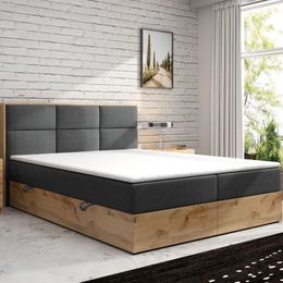 Boxspringbett LISSABON Eiche Holz mit Bettkasten 180 x 200 cm Webstoff Grau Anthrazit Bett Ehebett H