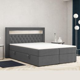 Möbel Punkt Boxspringbett DENVER mit LED und Bettkasten 140 x 200 cm Webstoff Anthrazit Bett Bettkas