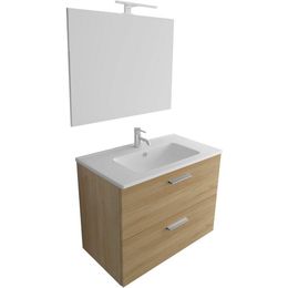 Vitra Badmöbel-Set - Waschbecken mit Unterschrank 80 cm Braun & Wandspiegel mit LED