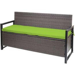 Poly-Rattan 3er Sitzbank HHG 596, Gartenbank Truhenbank, Staufach Aufbewahrung Sitzkissen grau-meliert, Kissen grün - green