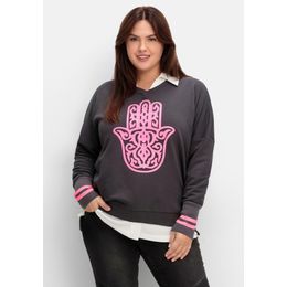 sheego loves miss goodlife Große Größen: Sweatshirt mit Frontdruck und Streifendetails, anthrazit, Gr.54