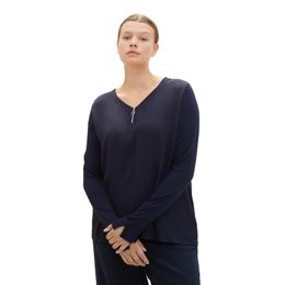 Tom Tailor Große Größen: Langarmshirt mit Zipper am V-Ausschnitt, marine, Gr.54