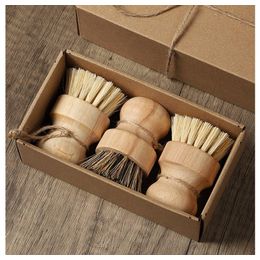 Atäsi Reinigungsbürsten-Set 3 Stück Palm Pot Brush Bambus Runde Mini Spülbürste Reinigungsset