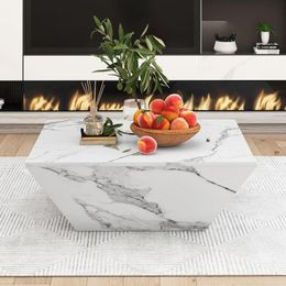 Couchtisch hochglanz marmoroptik Wohnzimmertisch mit 2 Schubladen, Trapezförmig Design, Beistelltisch aus Holz, Weiß - Merax