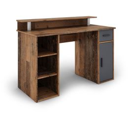 ByLiving Schreibtisch diego / Arbeits-Tisch mit viel Stauraum in Old Wood-Optik / Fronten in anthrazit / Computer-Tisch / 1 Schublade, 1 Tür, 3 offene Fächer