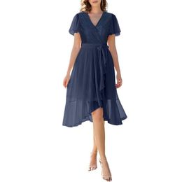 PYL Chiffonkleid Damen Elegant Spitzen A-Linien-Kleid mit Gürtel 36-44 Größe