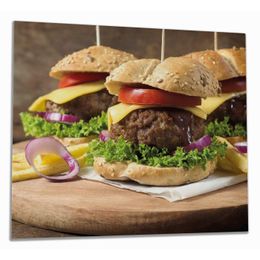 Wallario Herd-Abdeckplatte Saftige Burger auf Holzbrett