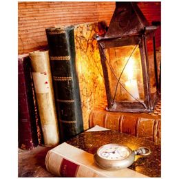 Wallario Möbelfolie Antike Laterne mit Kerze alten Büchern und Taschenuhr