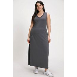 Ulla Popken Jerseykleid Maxikleid Spitze A-Linie V-Ausschnitt ärmellos